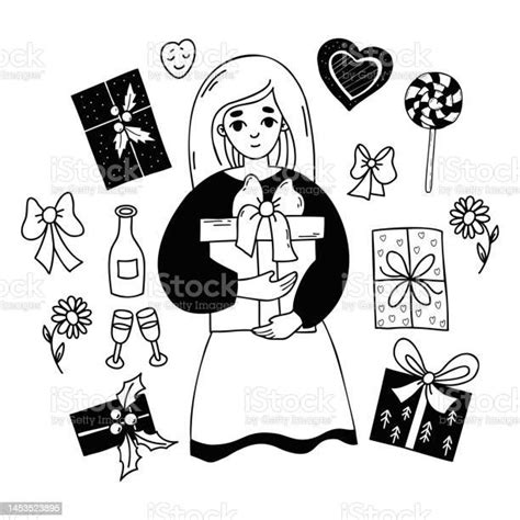 선물 휴일 상자 과자 꽃 병이 든 안경을 가진 귀여운 소녀를 모으십시오 벡터 그림입니다 격리 된 도면 낙서 휴일 테마 선물 및 판매 쇼핑의 디자인을 위한 여성 캐릭터 개체