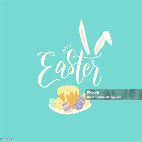 행복 한 부활절 토끼 귀와 레터링 손입니다 부활 일요일 엽서 카드 초대장 포스터 배너 서식 파일 메뉴판에 대한 스톡 벡터 아트 및 기타 이미지 Istock