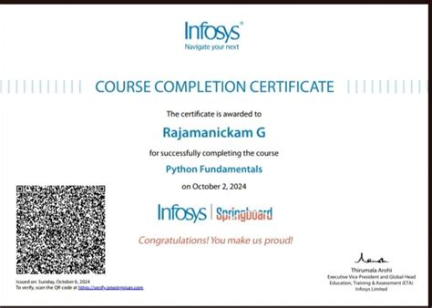 Raja Manickam G On Linkedin A Python Fundamentals Course Completed On Infosys Springboard