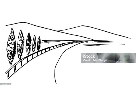 간단한 벡터 검정 윤곽선 도면입니다 여름 풍경 국가 여행 수평선 산 사이프러스 나무 울타리로 가는 길 자연과 관광 여행 드로잉에 대한 스톡 벡터 아트 및 기타 이미지