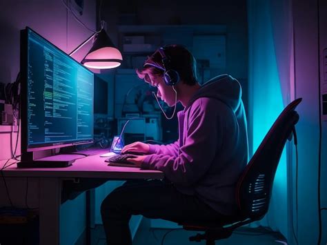 Premium AI Image Babe Doing Coding On His Computer Setup