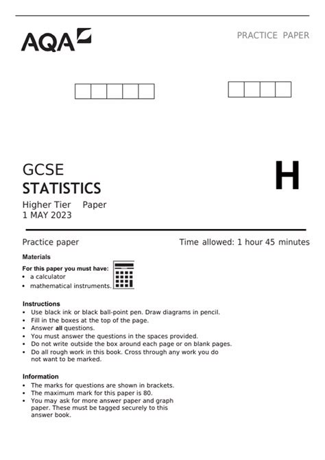 Aqa Gcse Statistics Higher Tier Best Rating Paper 1 May 2023 Gcse Statistics Higher Tier Paper