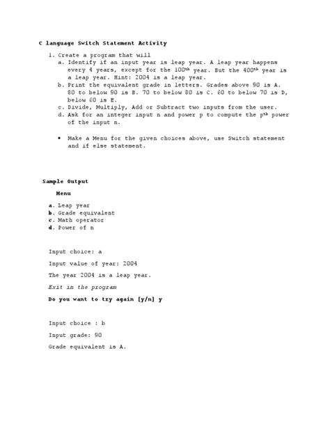 Switch Statement Activity Pdf