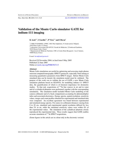 Pdf Validation Of The Monte Carlo Simulator Gate For Indium 111 Imaging