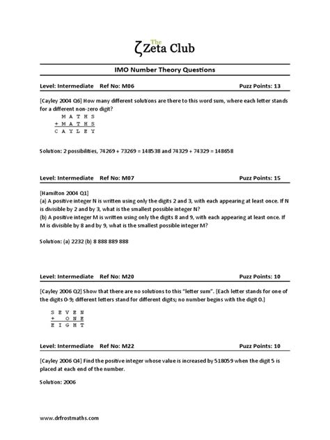 Imo Number Theory Questions Level Intermediate Ref No M06 Puzz Points 13 Pdf Numbers