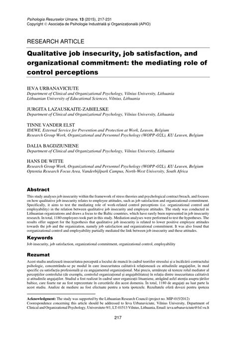 Pdf Qualitative Job Insecurity Job Satisfaction And Organizational Commitment The Mediating