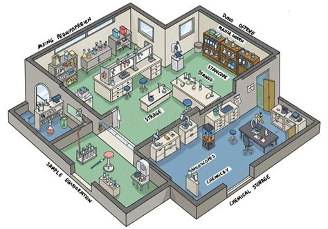 Illustrated Floor Plan Of A Scientific Laboratory Features Labeled
