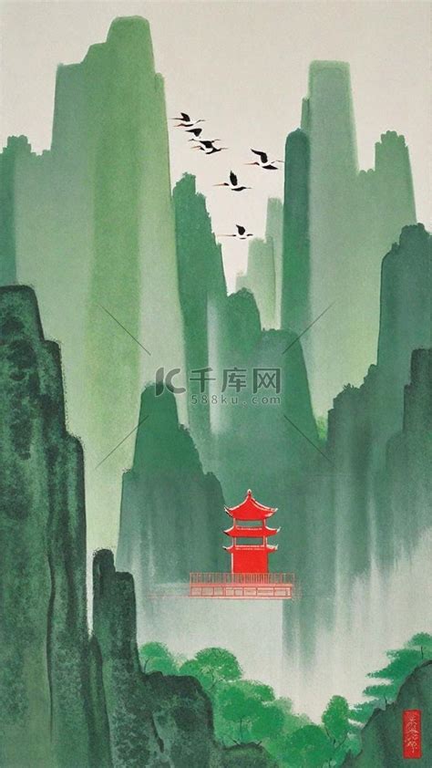 撞色中国风山水肌理磨砂红绿配色山水插画图片 千库网