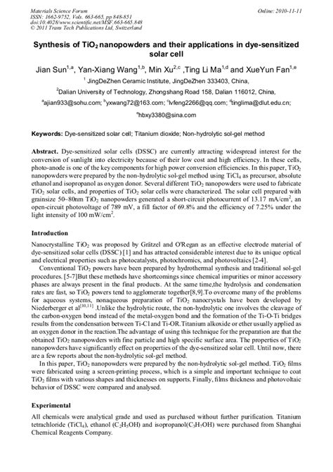 Synthesis Of Tio2 Nanopowders And Their Applications In Dye Sensitized Solar Cell Scientific Net
