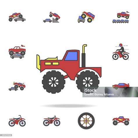 빅 풋 차 필드 Coloricon 트럭 색상 큰 발 자동차 아이콘의 자세한 설정 합니다 프리미엄 그래픽 디자인입니다 웹사이트 웹 디자인 모바일 응용 프로그램 모음 아이콘 중