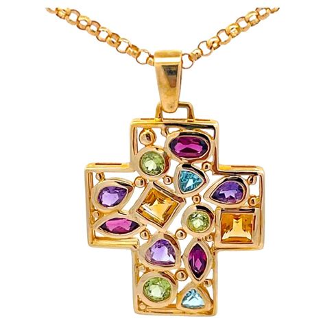 Multi Colored Gemstone Cross Necklace In 14k Yellow Gold For Sale At