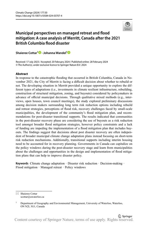 Municipal Perspectives On Managed Retreat And Flood Mitigation A Case