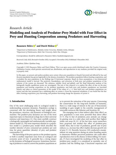 Pdf Modeling And Analysis Of Predator Prey Model With Fear Effect In