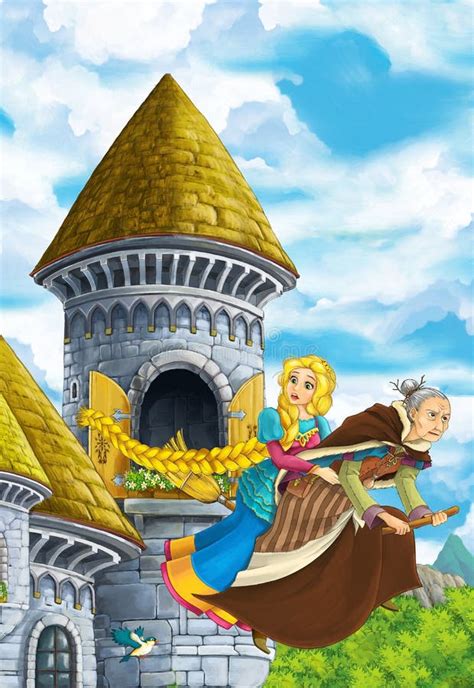 Scena Con Il Volo Di Principessa Sul Manico Di Scopa Con La Strega Bella Ragazza Di Fiaba Del