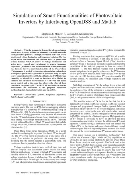 photovoltaic system by interfacing opendss and matlab pdf