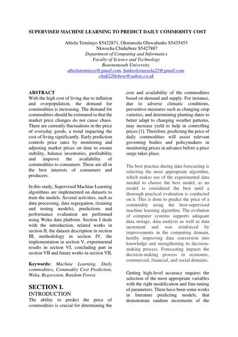 Pdf Supervised Machine Learning To Predict Daily Commodity Cost