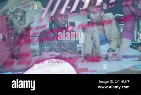 Computer Code Animation Over Diverse Team Collaborating In Modern Office Technology Teamwork