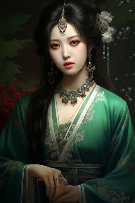 个女孩 单人 黑发 发饰 写实的 面向观众 珠宝 黑色眼睛 花 绿色长袖 清朝格格 豆友Spdo的文本出图 Midjourney模型作品