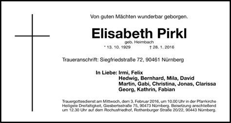 Traueranzeigen Von Elisabeth Pirkl Trauer Nn De