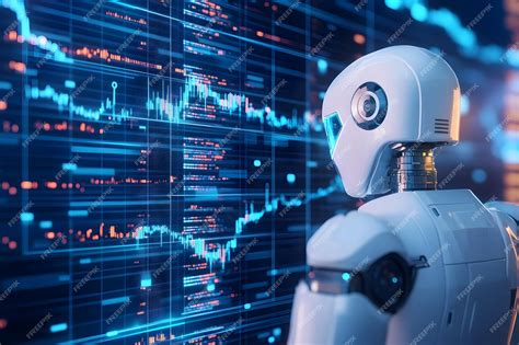 futuristic algorithmic trading robot monitoring complex finance data visualizations and