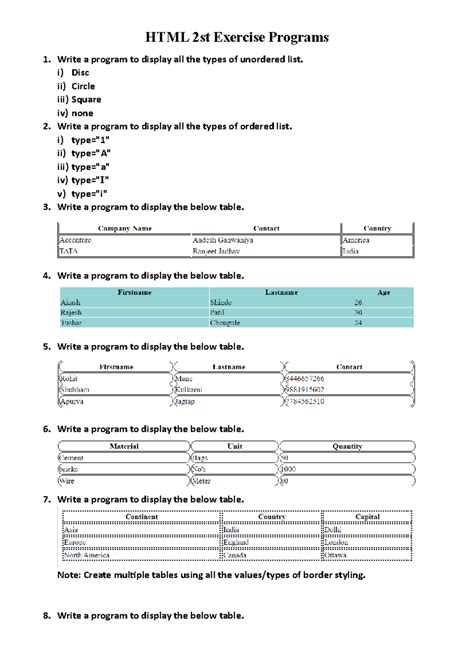 HTML Different Tables HTML St Exercise Programs Write A Program To Display All The Types Of