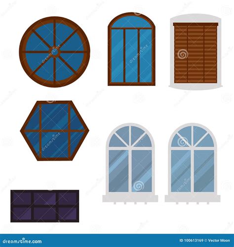 Different Types House Windows Elements Flat Style Glass Frames Stock