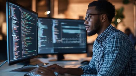 focused man coding on dual monitors in a dimly lit office at night