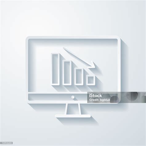 데스크톱 컴퓨터에서 차트 감소 빈 배경에 종이 잘라내기 효과가 있는 아이콘 3차원 형태에 대한 스톡 벡터 아트 및 기타 이미지