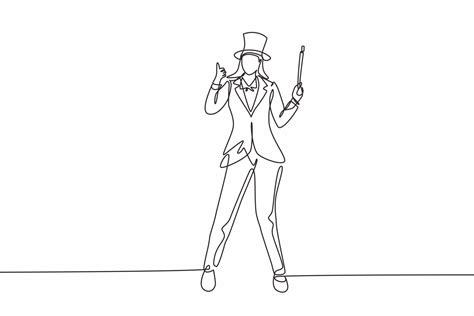 Single Continuous Line Drawing Female Magician Stands With Thumbs Up