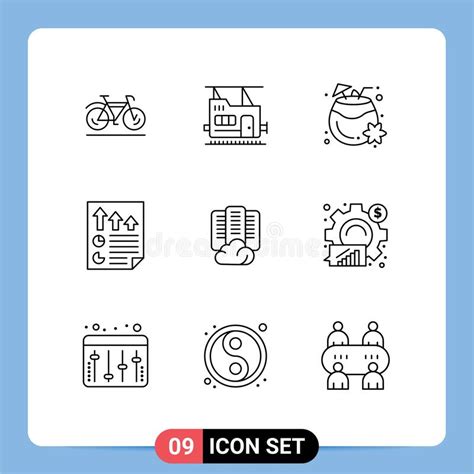 Modern Set Of 9 Outlines Pictograph Of Center Report Coconut Juice Page Data Stock Vector