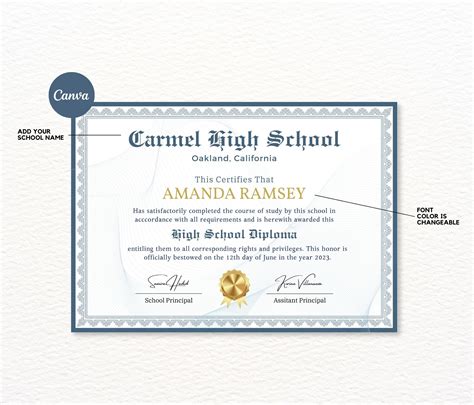 Buy High School Diploma Diploma Template Canva Editable Homeschool