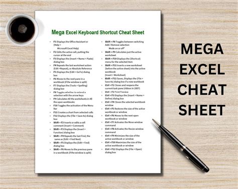 mega excel keyboard cheat sheet excel shortcut reference list