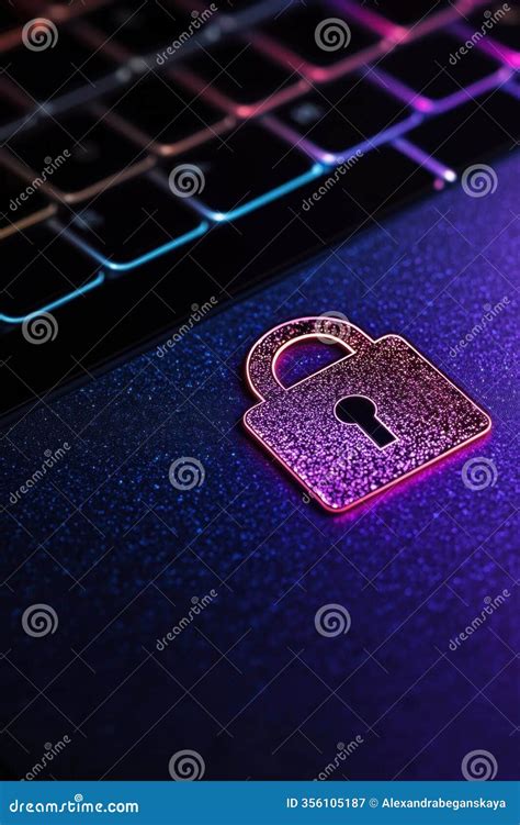 Colorful Cybersecurity Lock On Keyboard Digital Protection Symbol In Neon Light Stock