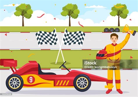 포뮬러 레이싱 스포츠카는 레이스 서킷에 도달하여 결승선 만화 일러스트레이션으로 우승하여 플랫 스타일의 손으로 그린 템플릿 디자인 Championship에 대한 스톡 벡터