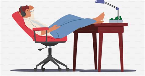 게으른 남자는 근무 시간 동안 직장 책상에서 헤드폰을 끼고 다리를 테이블에 눕히고 휴식을 취한다 남성 캐릭터는 미루고 시간을