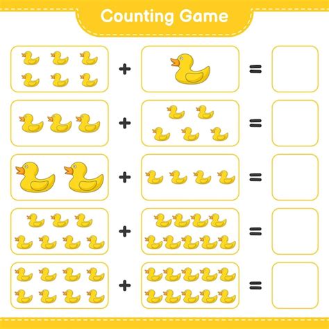 러버덕의 수를 세고 짝짓기하고 알맞은 수와 짝을 맞추세요 교육 어린이 게임 인쇄용 워크시트 벡터 일러스트 레이 션 프리미엄 벡터