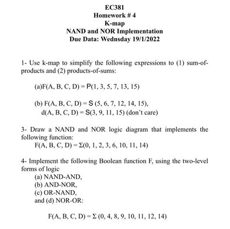 Solved EC Homework K Map NAND And NOR Implementation Chegg Com
