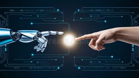 Reaching Light With A Robotic And Human Hand Touching Fingers Stock