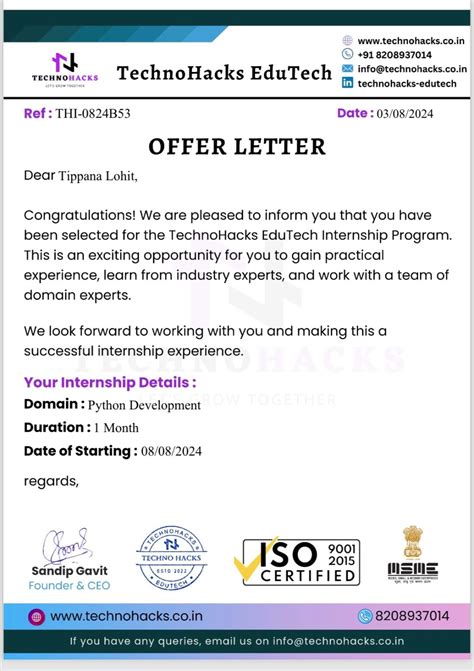 Lohit Tippana On Linkedin Pythondevelopment Internship Technohacks