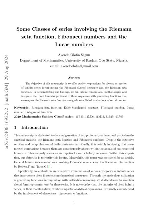 Pdf Some Classes Of Series Involving The Riemann Zeta Function Fibonacci Numbers And The
