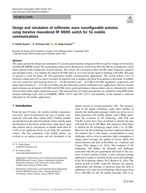 Design And Simulation Of Millimeter Wave Reconfigurable Antenna Using Iterative Meandered Rf
