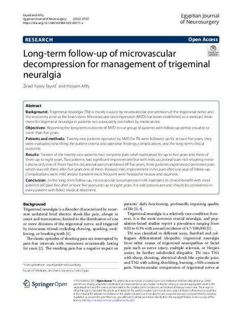 Pdf Long Term Follow Up Of Microvascular Decompression For Management Of Trigeminal Neuralgia