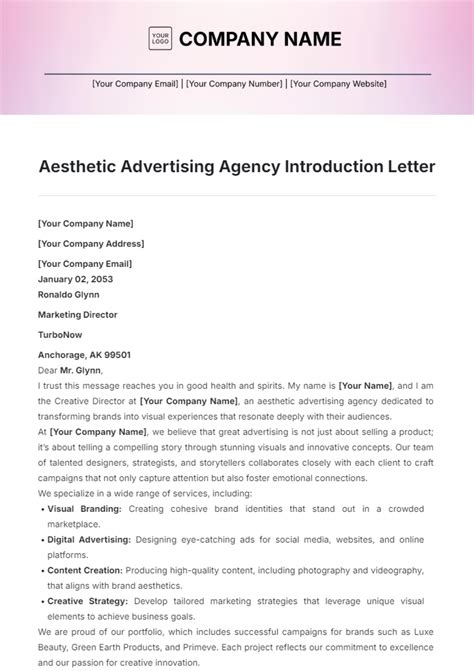 Free Aesthetic Advertising Agency Introduction Letter Template To Edit Online