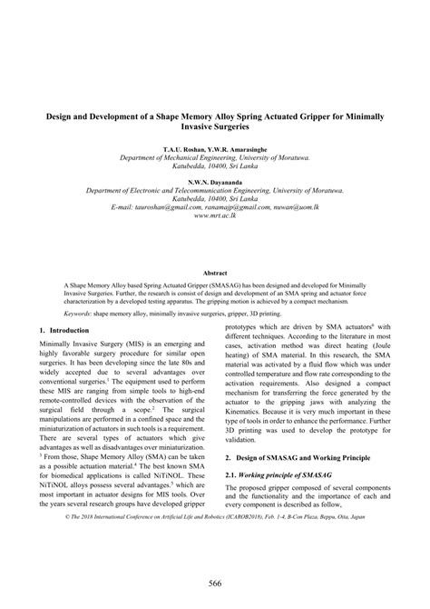 Pdf Design And Development Of A Shape Memory Alloy Spring Actuated Gripper For Minimally