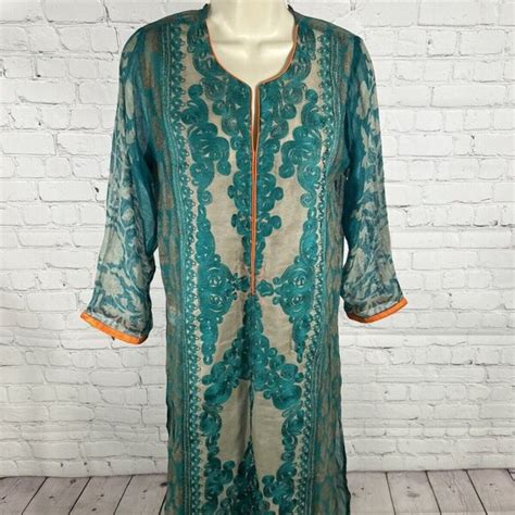 Sana Safinaz Dresses Sana Safinaz Brown Orange Blue Semi Sheer Long Sleeve Womens Kurti Size