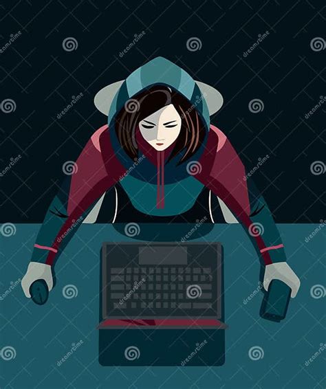 Top View Hacker With Computer On A Desktop Hooded Girl With Laptop Stock Vector Illustration