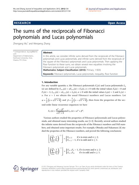 Pdf The Sums Of The Reciprocals Of Fibonacci Polynomials And Lucas Polynomials