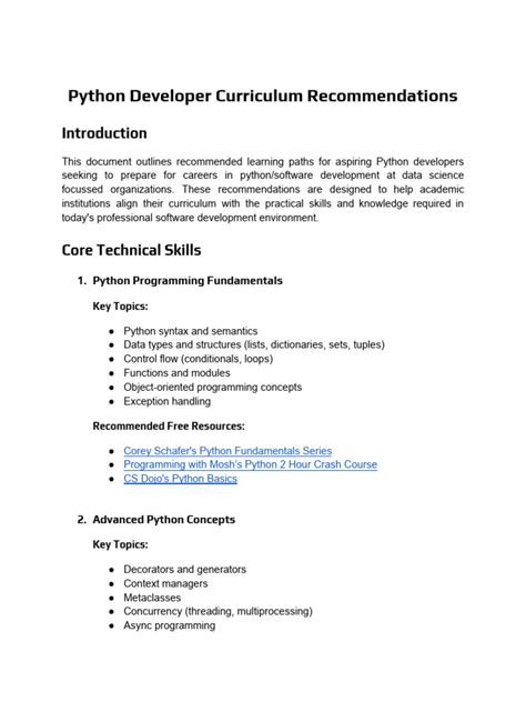 Python Developer Curriculum Recommendations Pdf Python Programming Language Databases