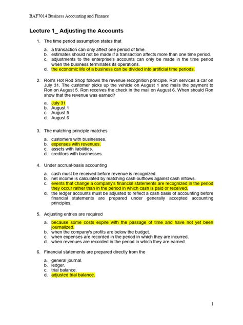Lecture 1 Adjusting The Accounts Q Pdf Revenue Expense