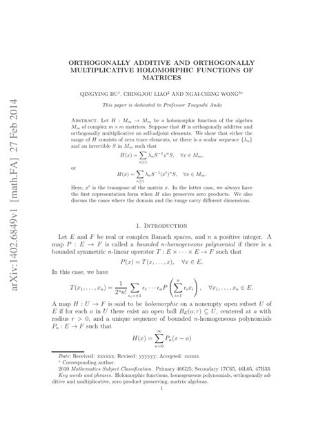 PDF Orthogonally Additive And Orthogonally Multiplicative Holomorphic Functions Of Matrices